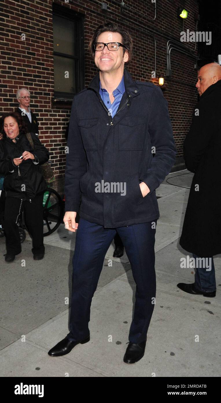 Actor Jim Carrey Shows Off His Nerd Glasses As He Arrives At The Ed Sullivan Theater To Appear