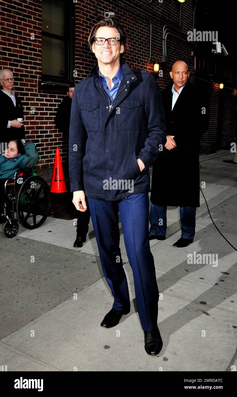 Actor Jim Carrey Shows Off His Nerd Glasses As He Arrives At The Ed Sullivan Theater To Appear