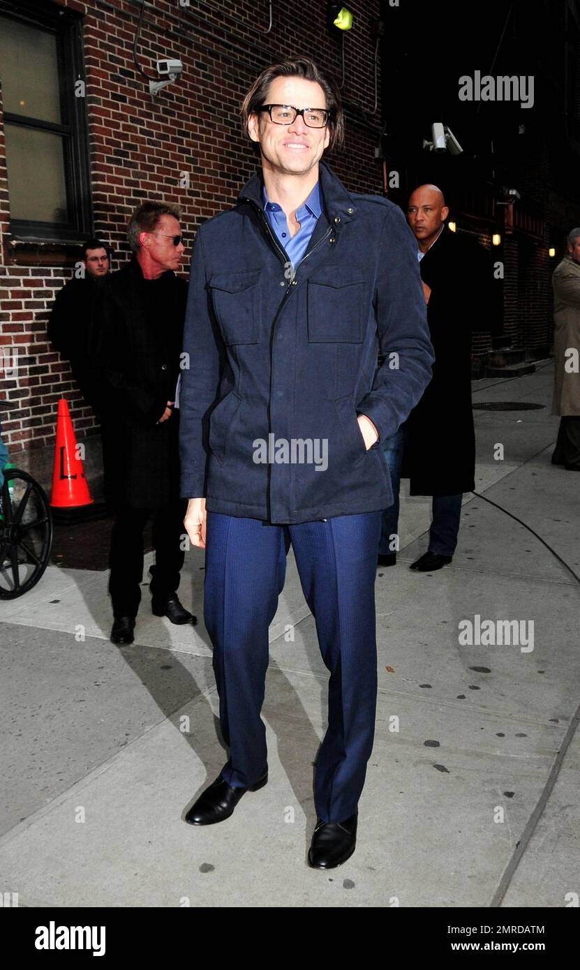 Actor Jim Carrey Shows Off His Nerd Glasses As He Arrives At The Ed Sullivan Theater To Appear