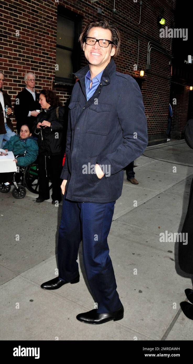 Actor Jim Carrey Shows Off His Nerd Glasses As He Arrives At The Ed Sullivan Theater To Appear