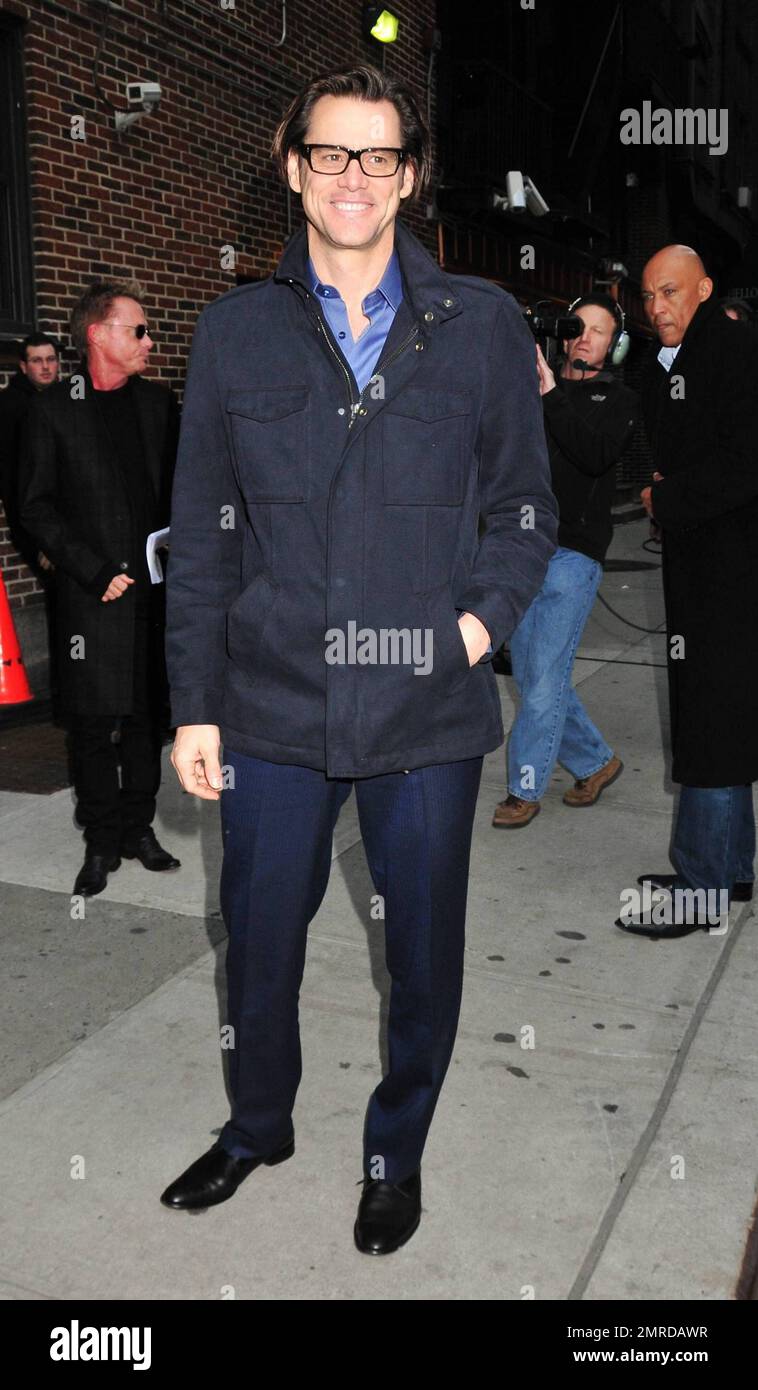 Actor Jim Carrey Shows Off His Nerd Glasses As He Arrives At The Ed Sullivan Theater To Appear