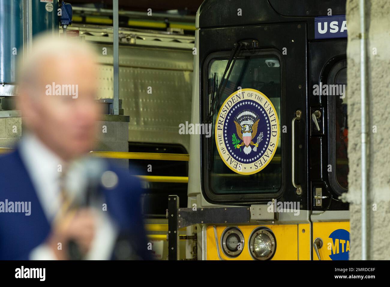 Presidential seal poster seen on a train car as Joe Biden Jr ...