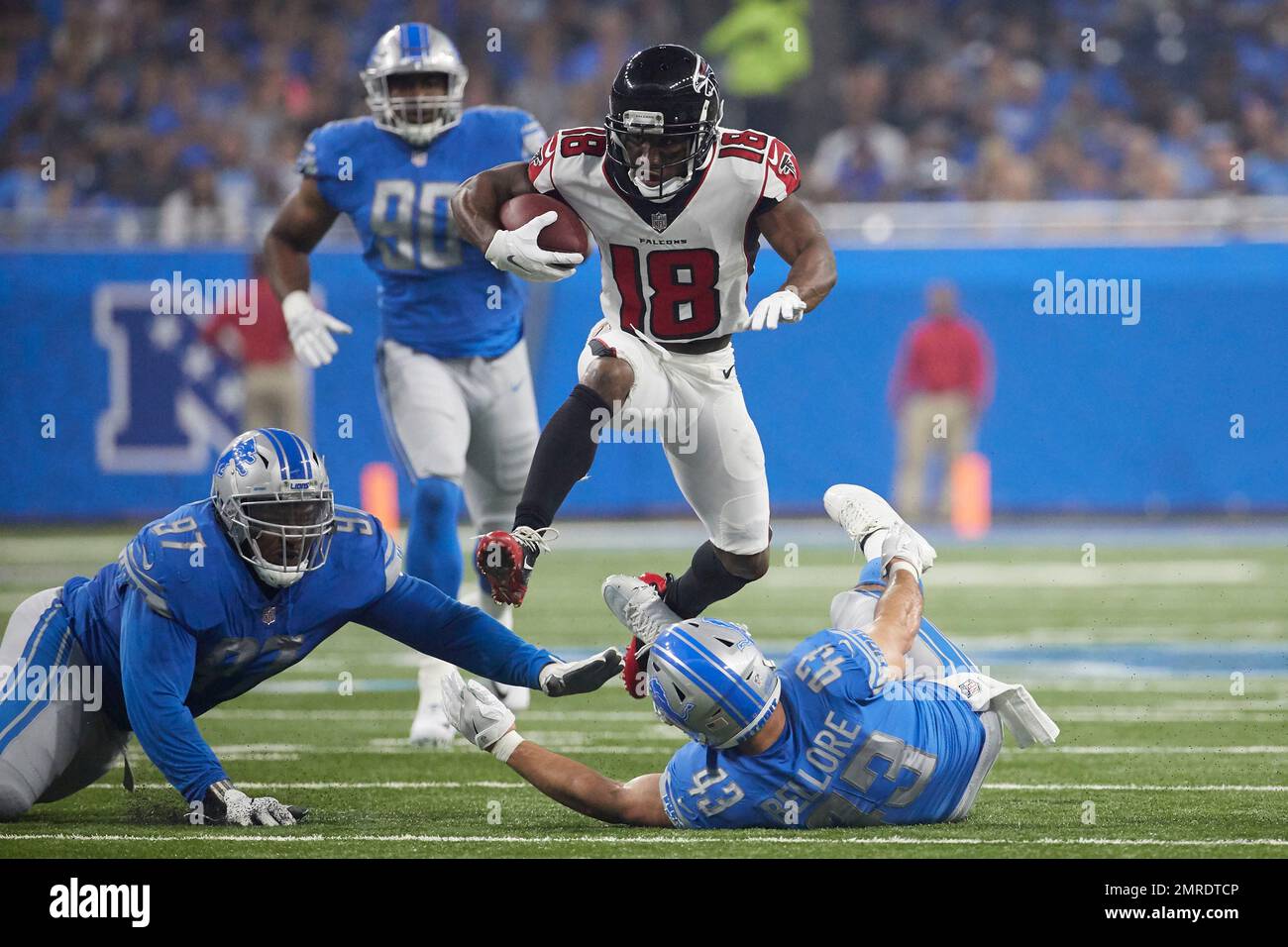 Atlanta Falcons wide receiver Taylor Gabriel (18) leaps over Detroit ...