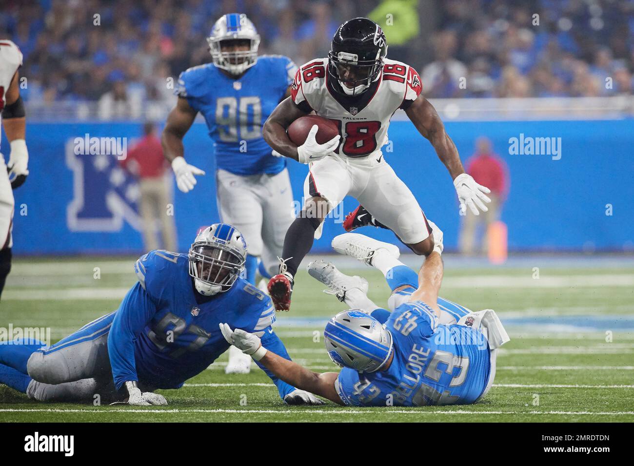 Atlanta Falcons wide receiver Taylor Gabriel (18) leaps over Detroit ...