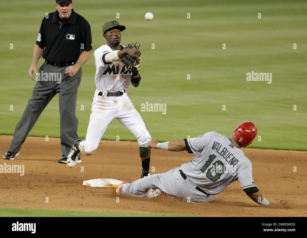 Los Angeles Angels' Luis Valbuena (18) is out at second as Miami ...
