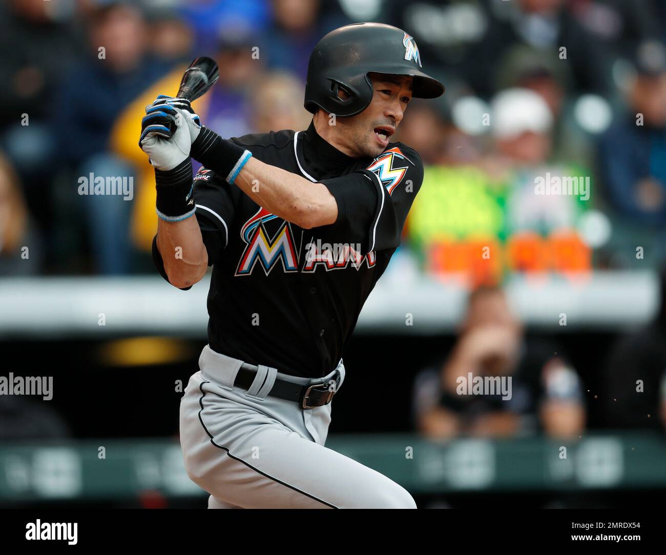 Miami Marlins pinch-hitter Ichiro Suzuki grounds out on a pitch from ...