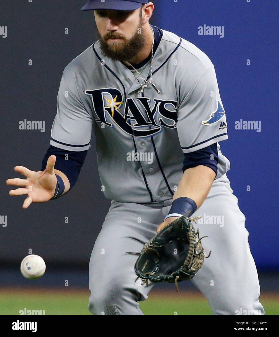 Tampa Bay Rays right fielder Steven Souza Jr. fields a ball on the hop ...
