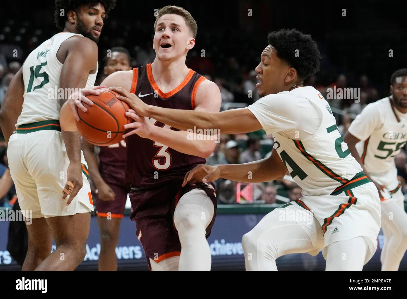 Virginia Tech guard Sean Pedulla (3) drives to the basket as Miami ...