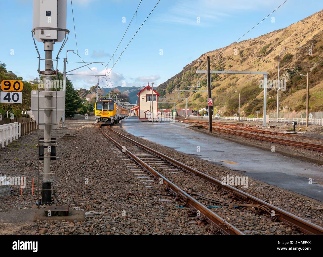 a Commuter rail on Kapiti Coast, town of Paekakariki near wellington ...