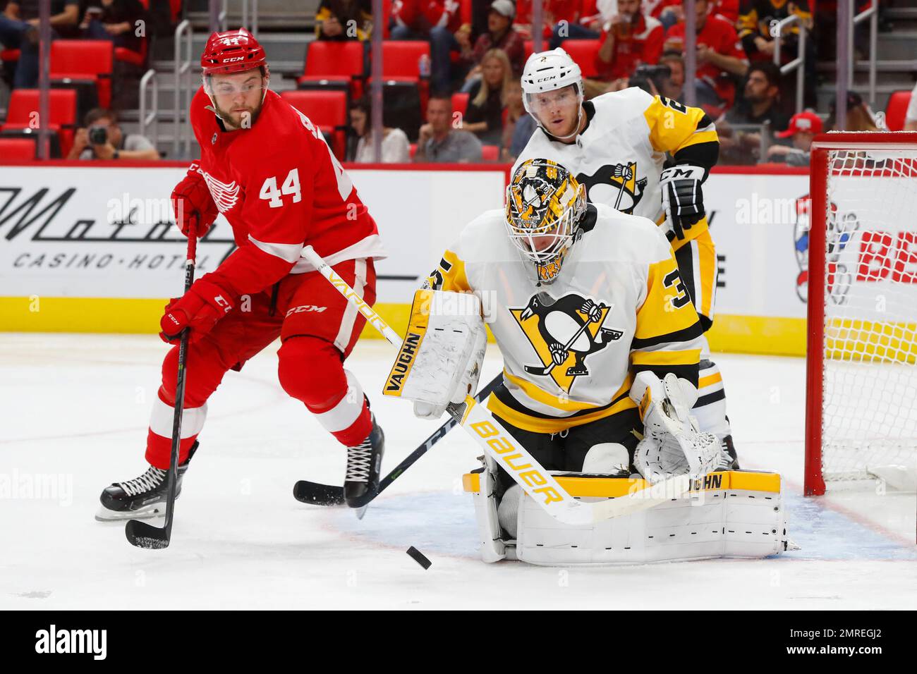 Pittsburgh Penguins goalie Tristan Jarry (35) stops a shot by Detroit ...
