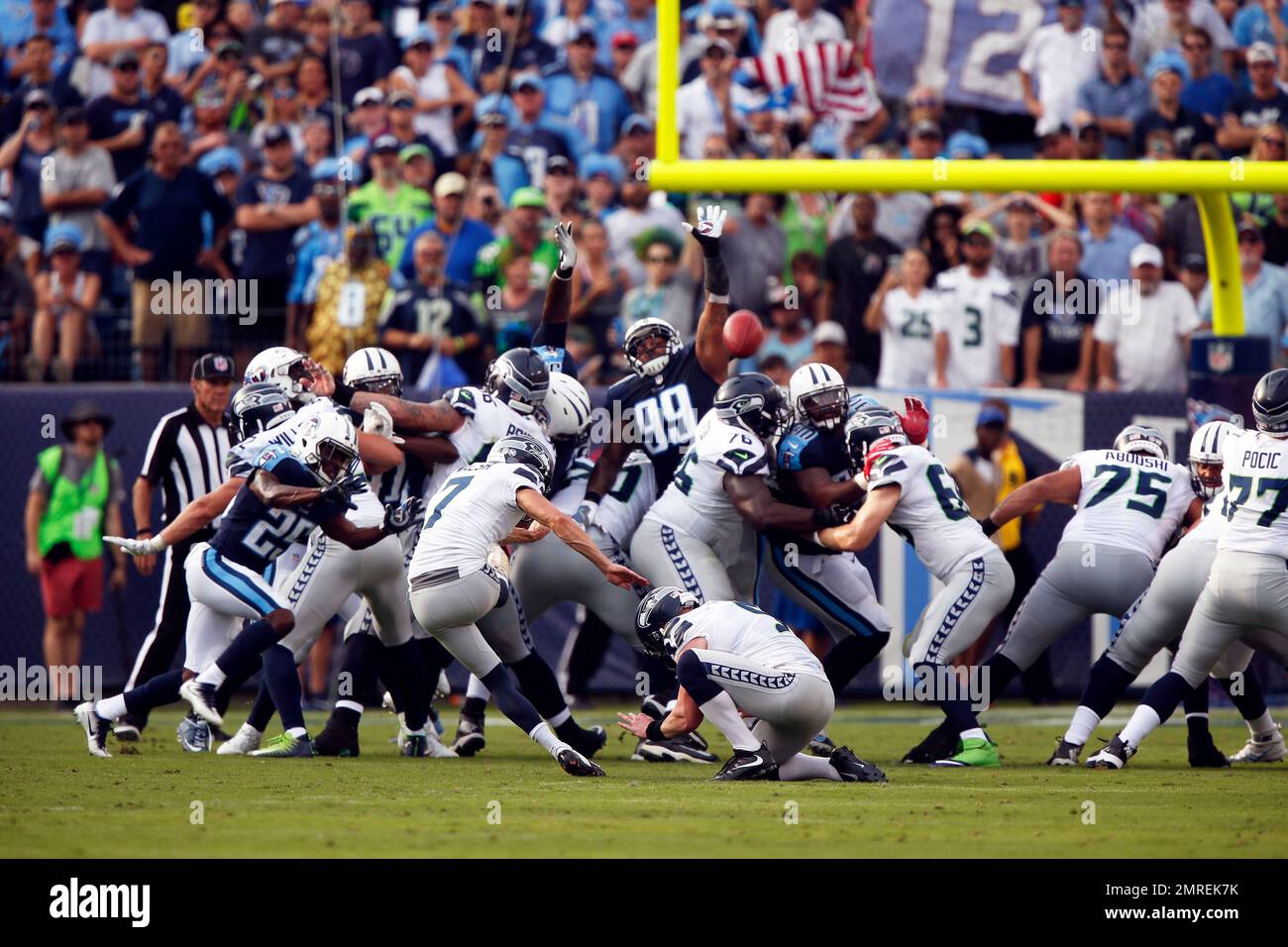 Seattle kicker Blair Walsh (7) kicks the ball during an NFL football ...