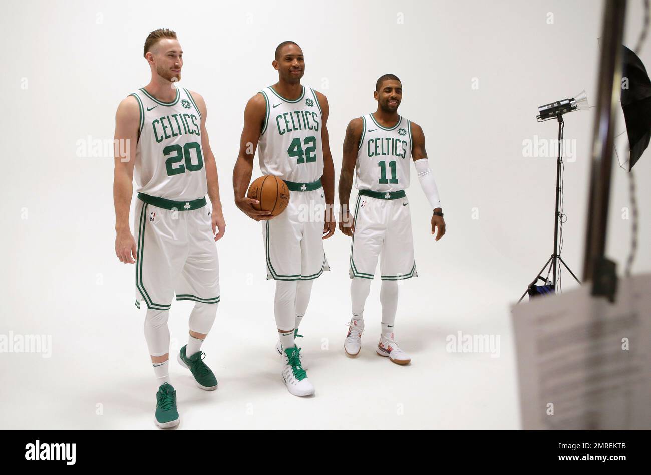 Boston Celtics' Gordon Hayward (20), Al Horford (42), and Kyrie Irving ...