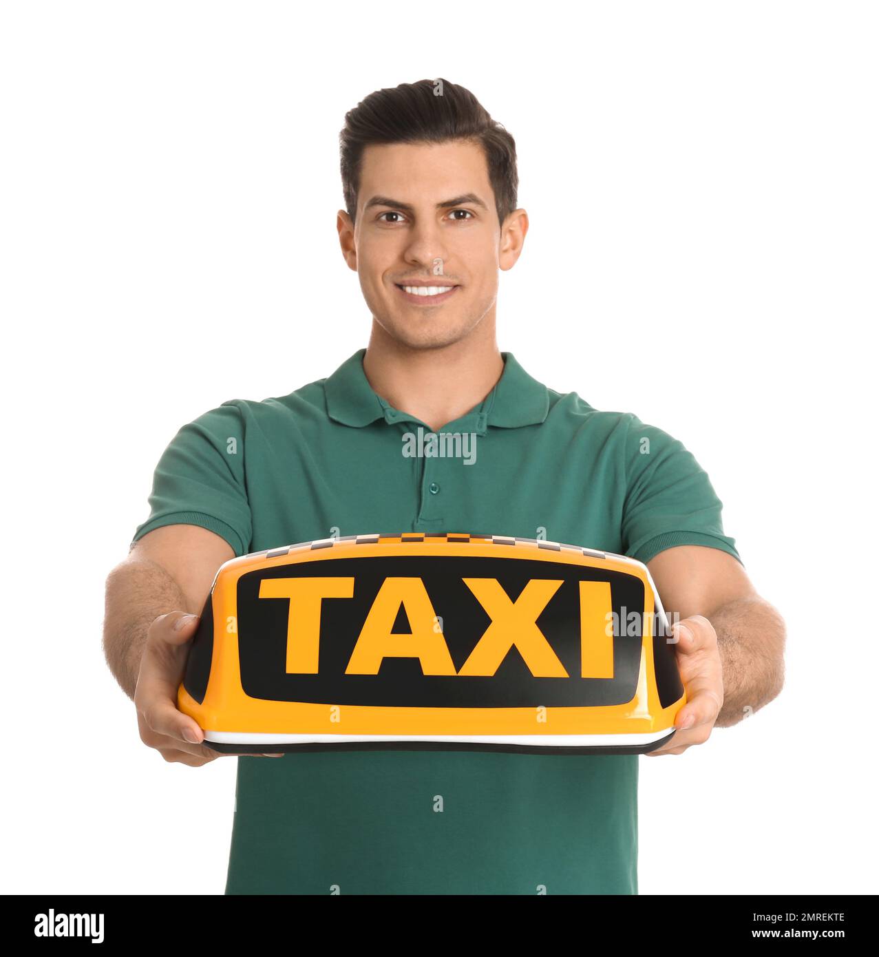 Man holding taxi sign on white background Stock Photo - Alamy