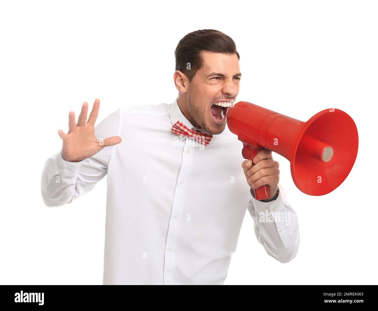 Handsome man with megaphone on white background Stock Photo - Alamy