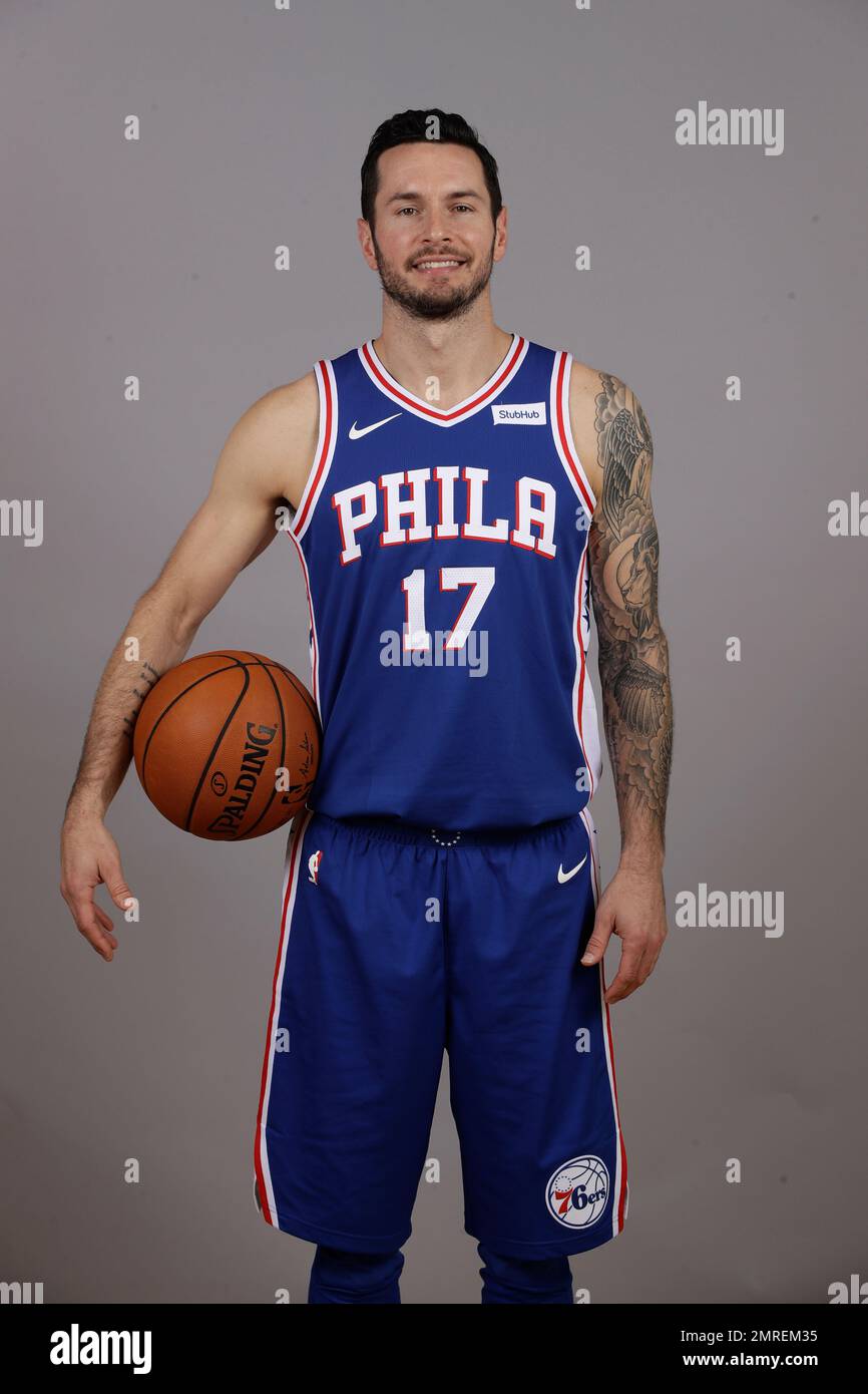 Philadelphia 76ers' JJ Redick poses for a photograph during media day at the NBA basketball team ...