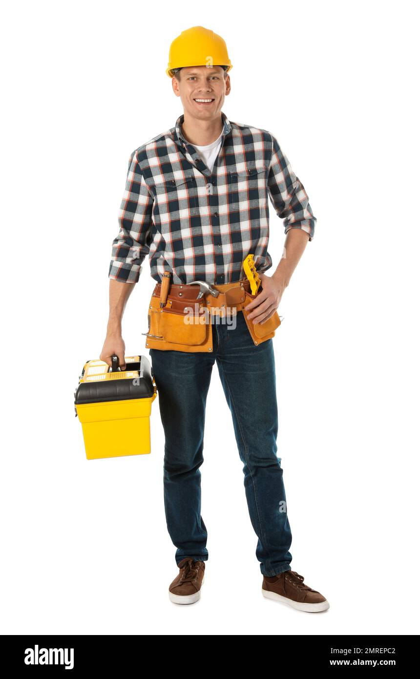 Handsome carpenter with tool box isolated on white Stock Photo - Alamy