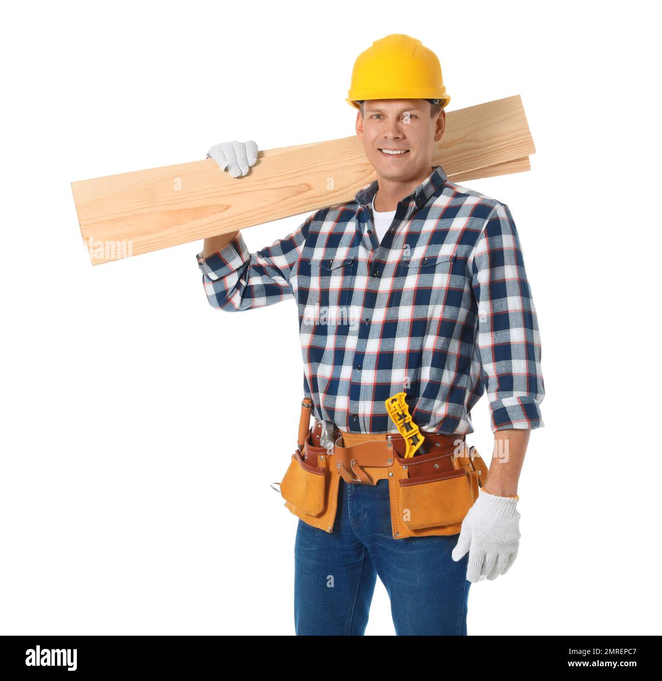 Handsome carpenter with wooden planks isolated on white Stock Photo - Alamy