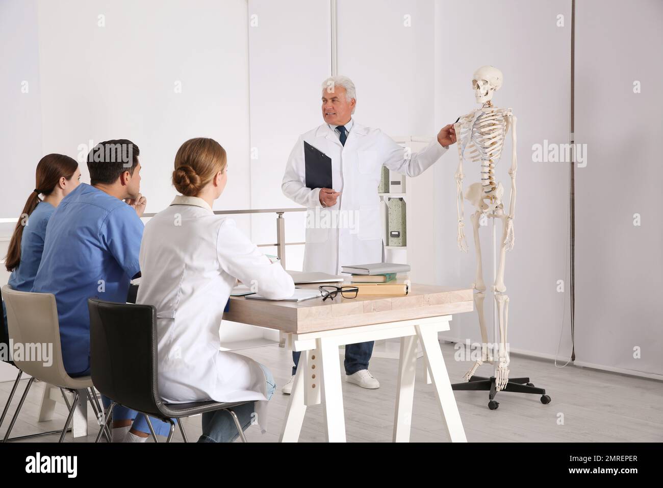 Medical students and professor studying human skeleton anatomy in ...