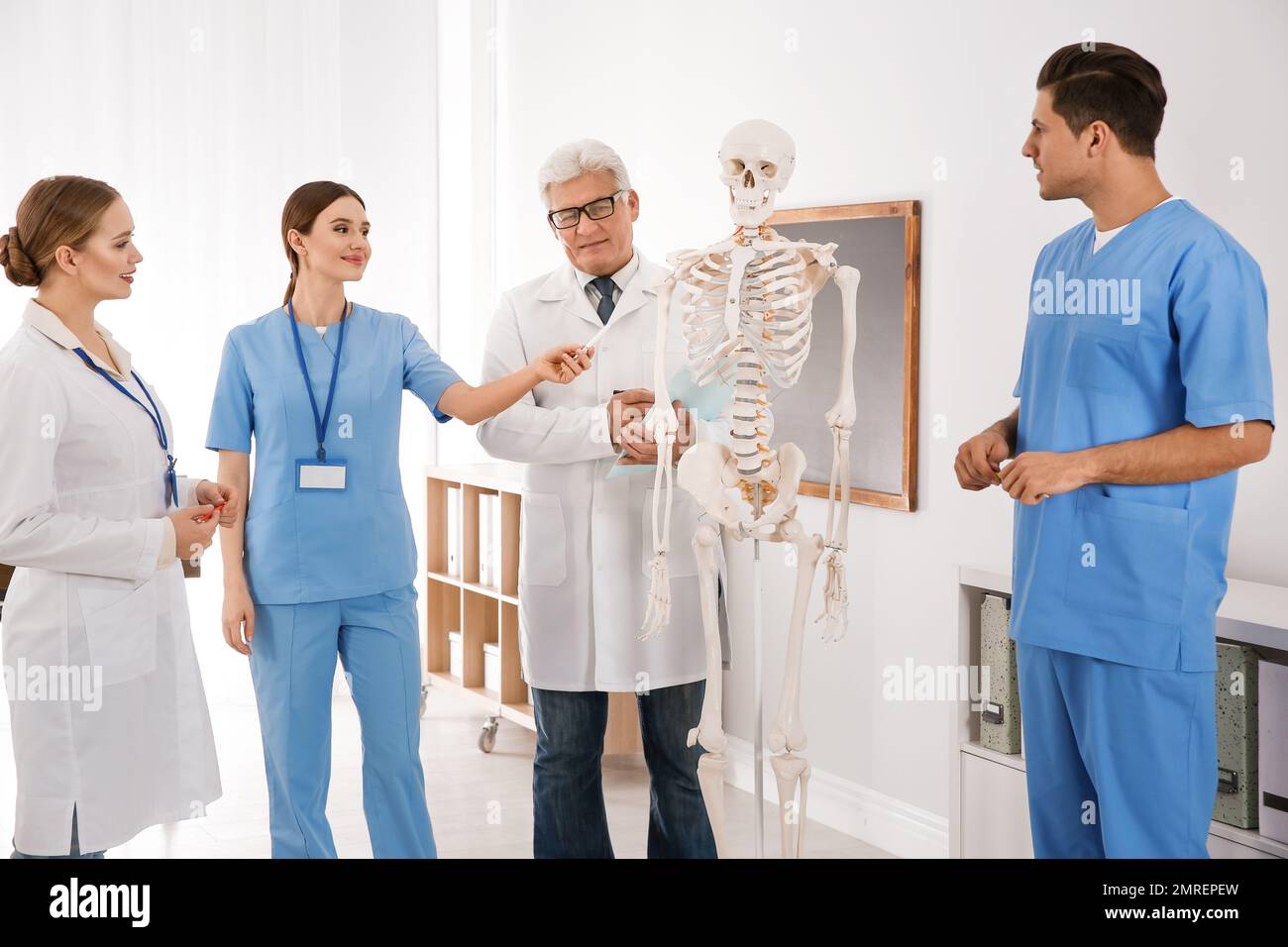 Medical students and professor studying human skeleton anatomy in ...