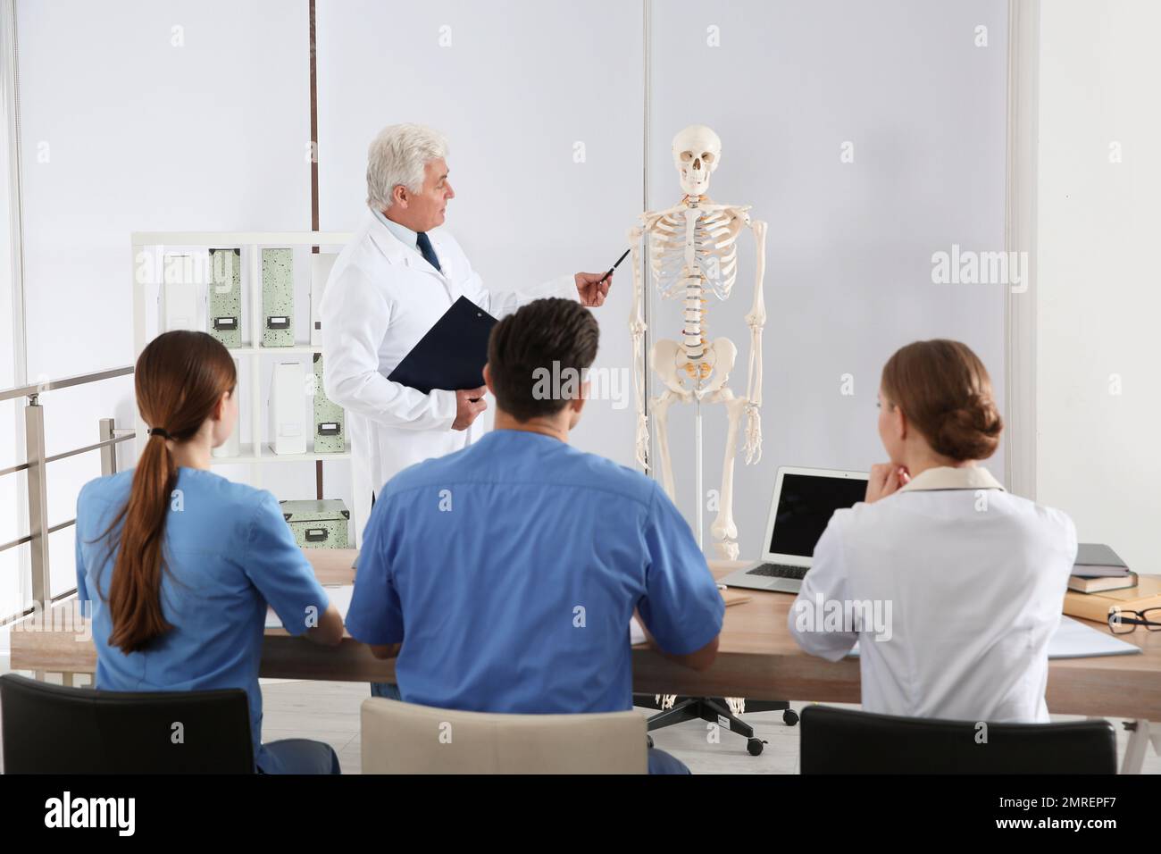 Medical students and professor studying human skeleton anatomy in ...