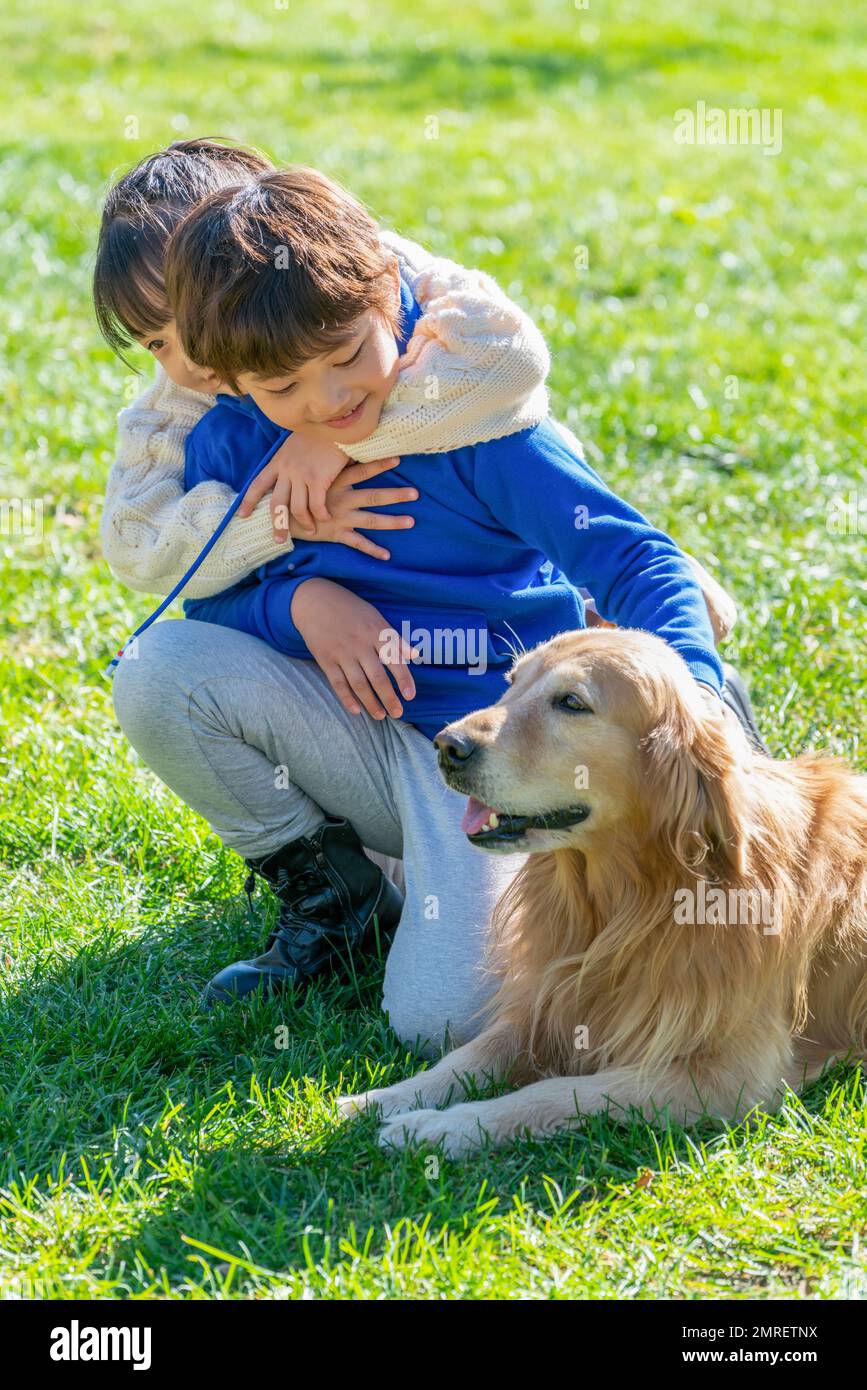 Brother and sister to play with the dog Stock Photo - Alamy