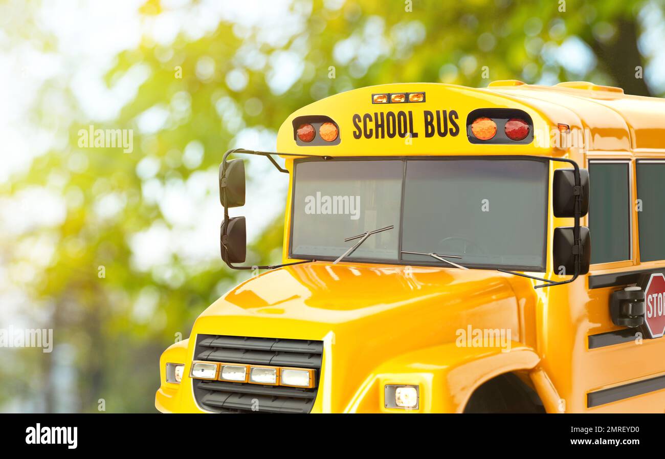 Yellow school bus outdoors, closeup. Transport for students Stock Photo ...