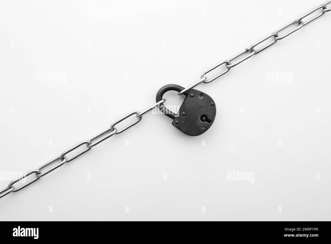 Steel padlock and chain isolated on white, top view. Safety concept ...