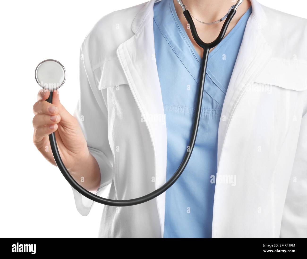 Doctor with stethoscope on white background, closeup. Medical service Stock Photo - Alamy