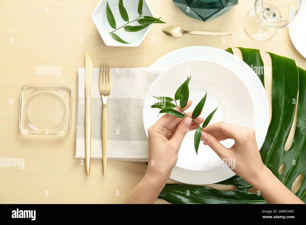 Woman setting table with green leaves for festive dinner, top view ...