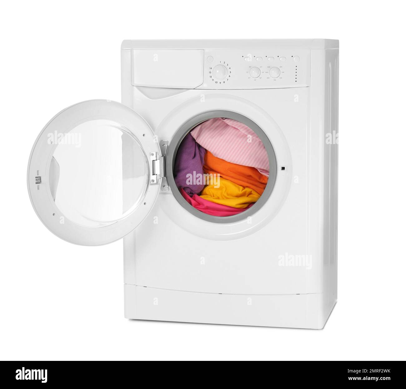 Modern washing machine with laundry isolated on white Stock Photo - Alamy