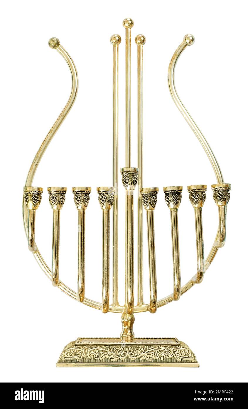 A gold steel menorah isolated on white background Stock Photo - Alamy