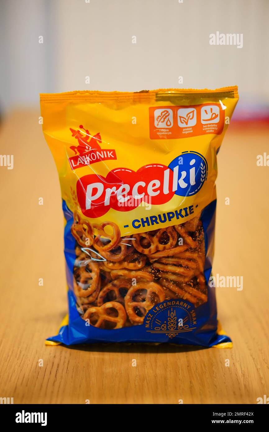 A vertical shot of the Polish Lajkonik brand Precelki crackers in a bag ...