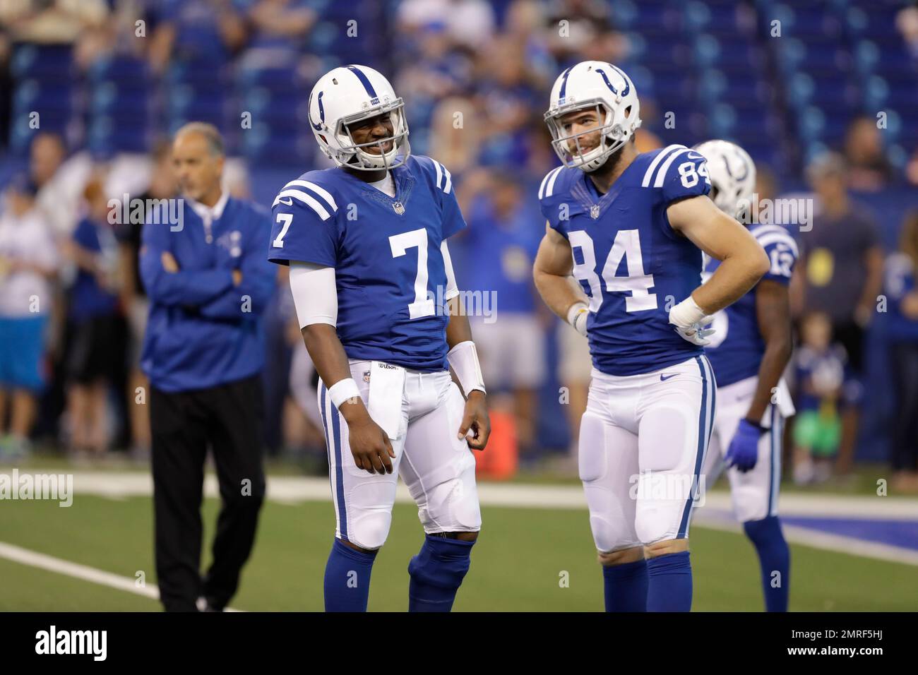 Indianapolis Colts quarterback Jacoby Brissett (7) and tight end Jack ...