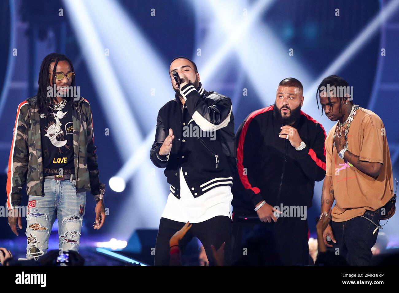 Quavo, from left, French Montana, DJ Khaled and Travis Scott perform at ...