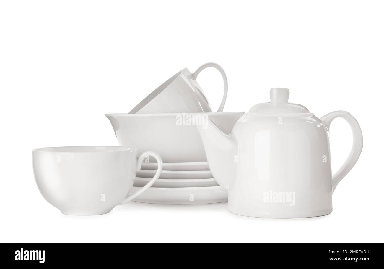 Set of clean tableware isolated on white Stock Photo - Alamy