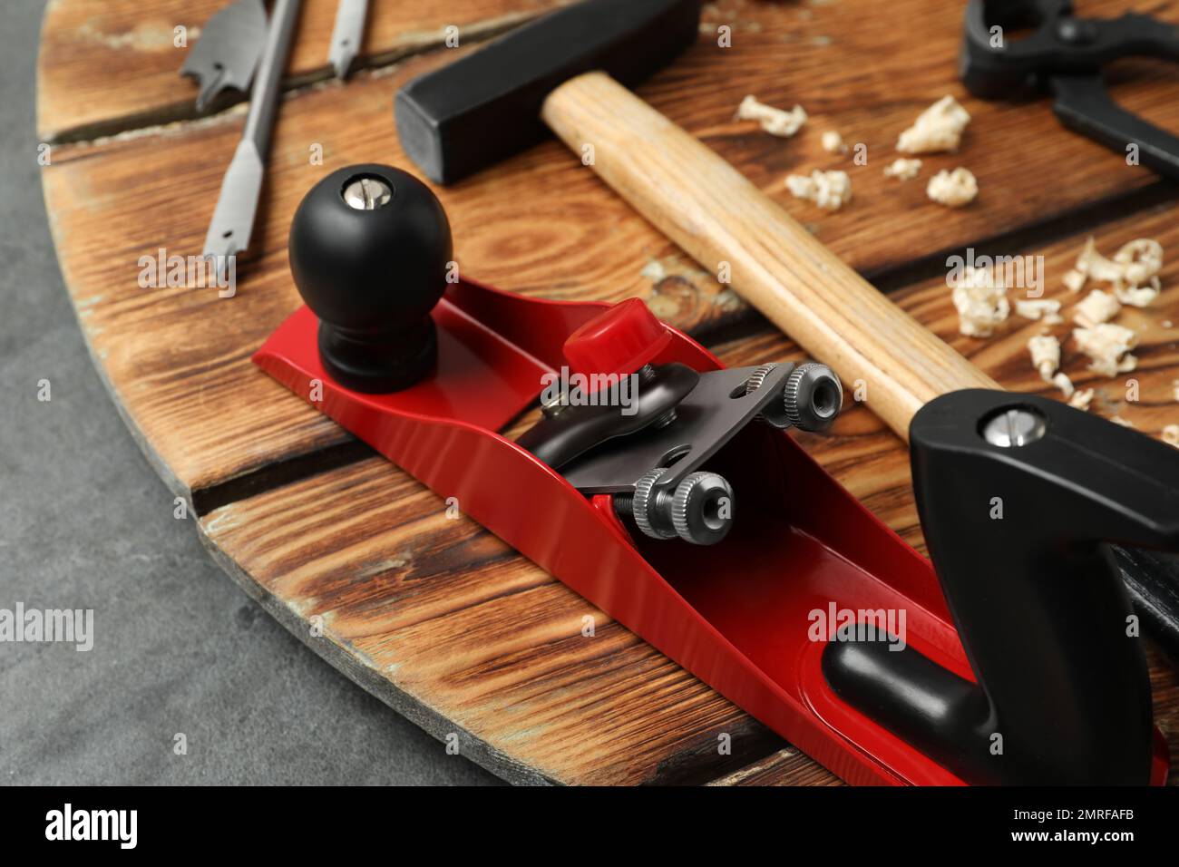 Set of modern carpenter's tools on grey table Stock Photo - Alamy