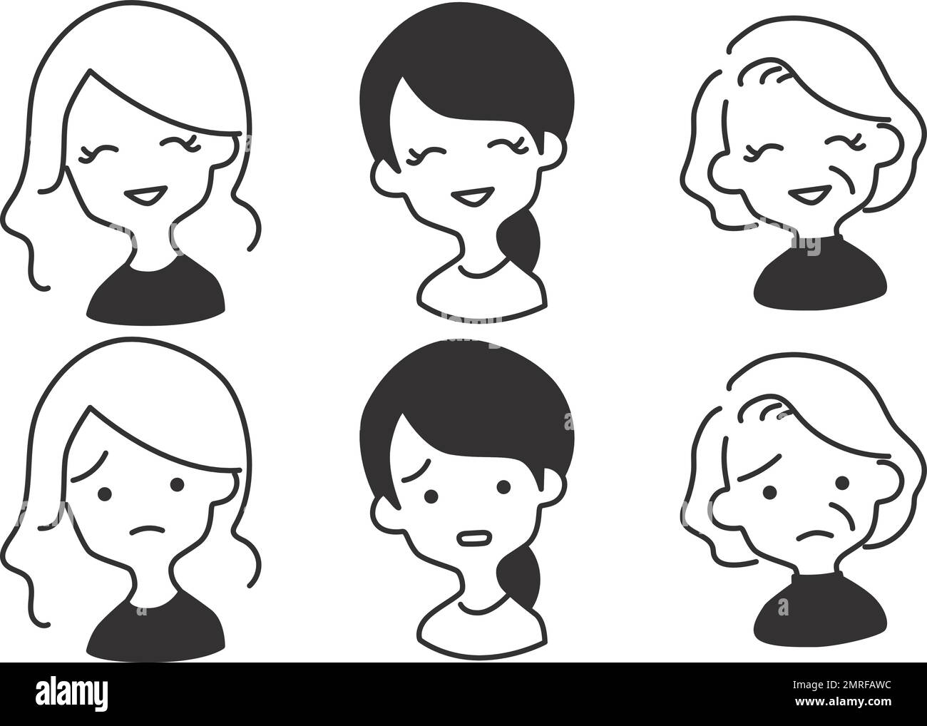 Face icons for young and senior women. Smile and worried expression ...