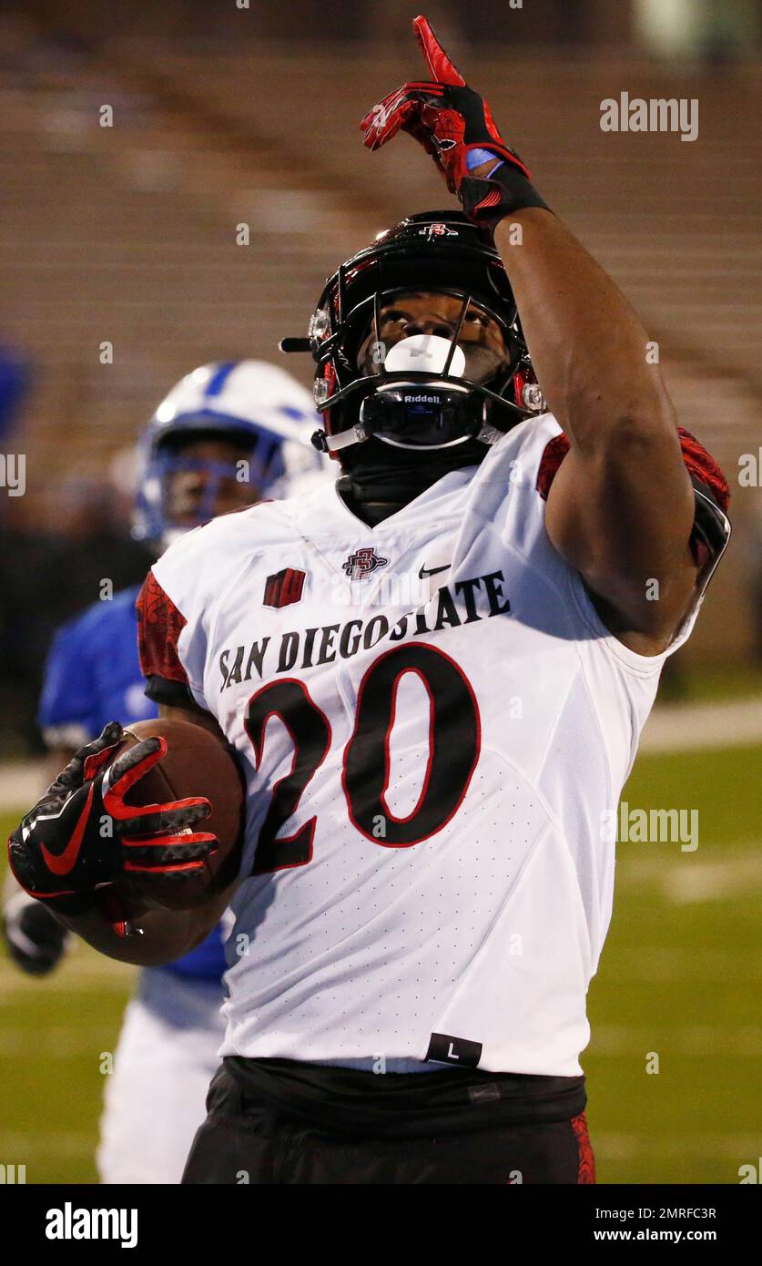 San Diego State running back Rashaad Penny (20) celebrates a touchdown ...