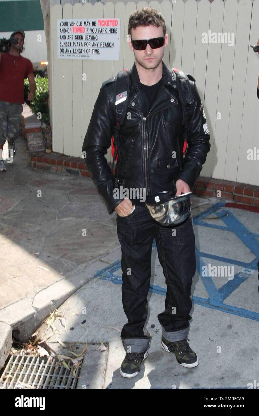 Biker dude Justin Timberlake leaves Cafe Med at Sunset Plaza looking ...