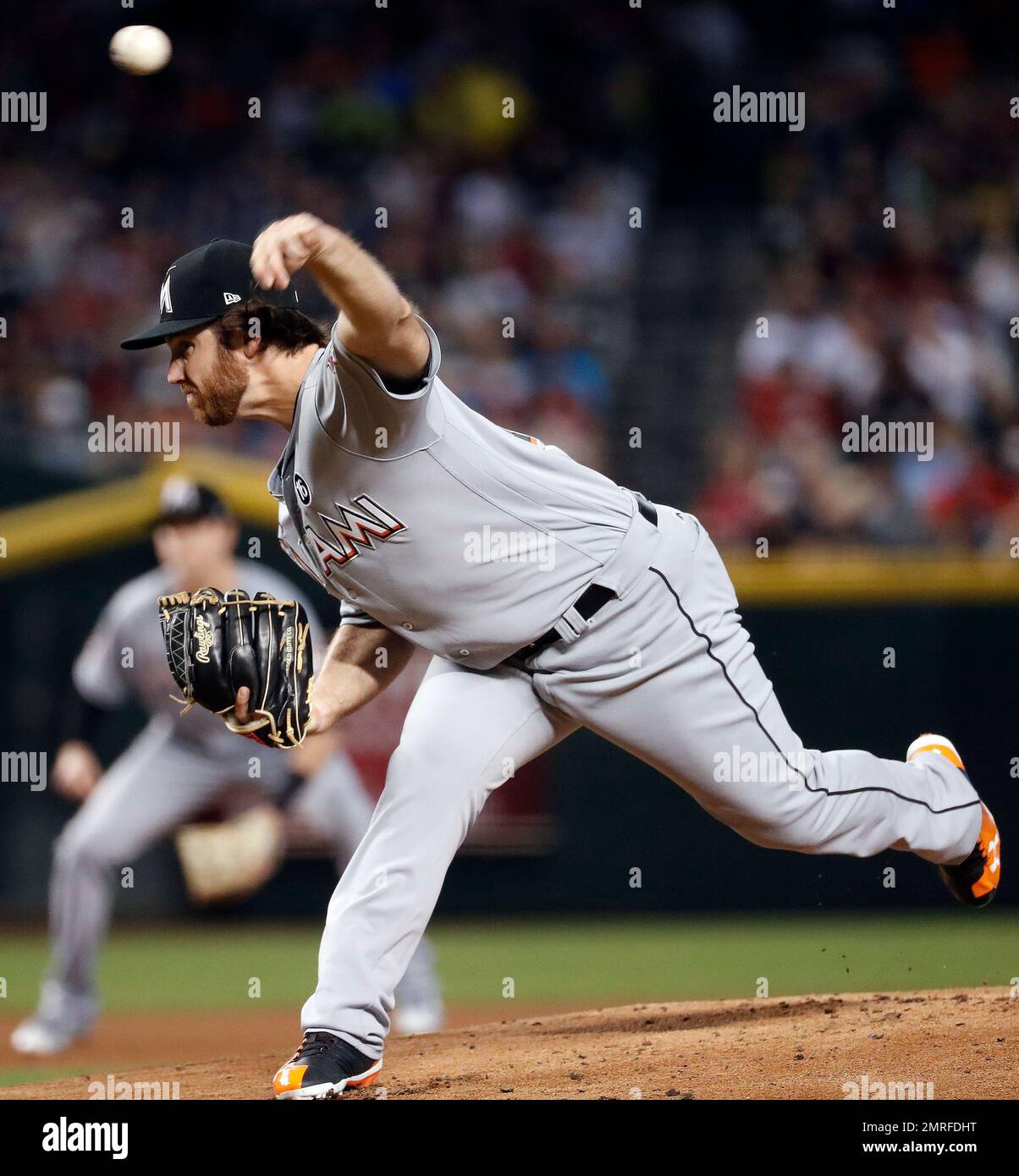Miami Marlins starting pitcher Dillon Peters throws against the Arizona ...