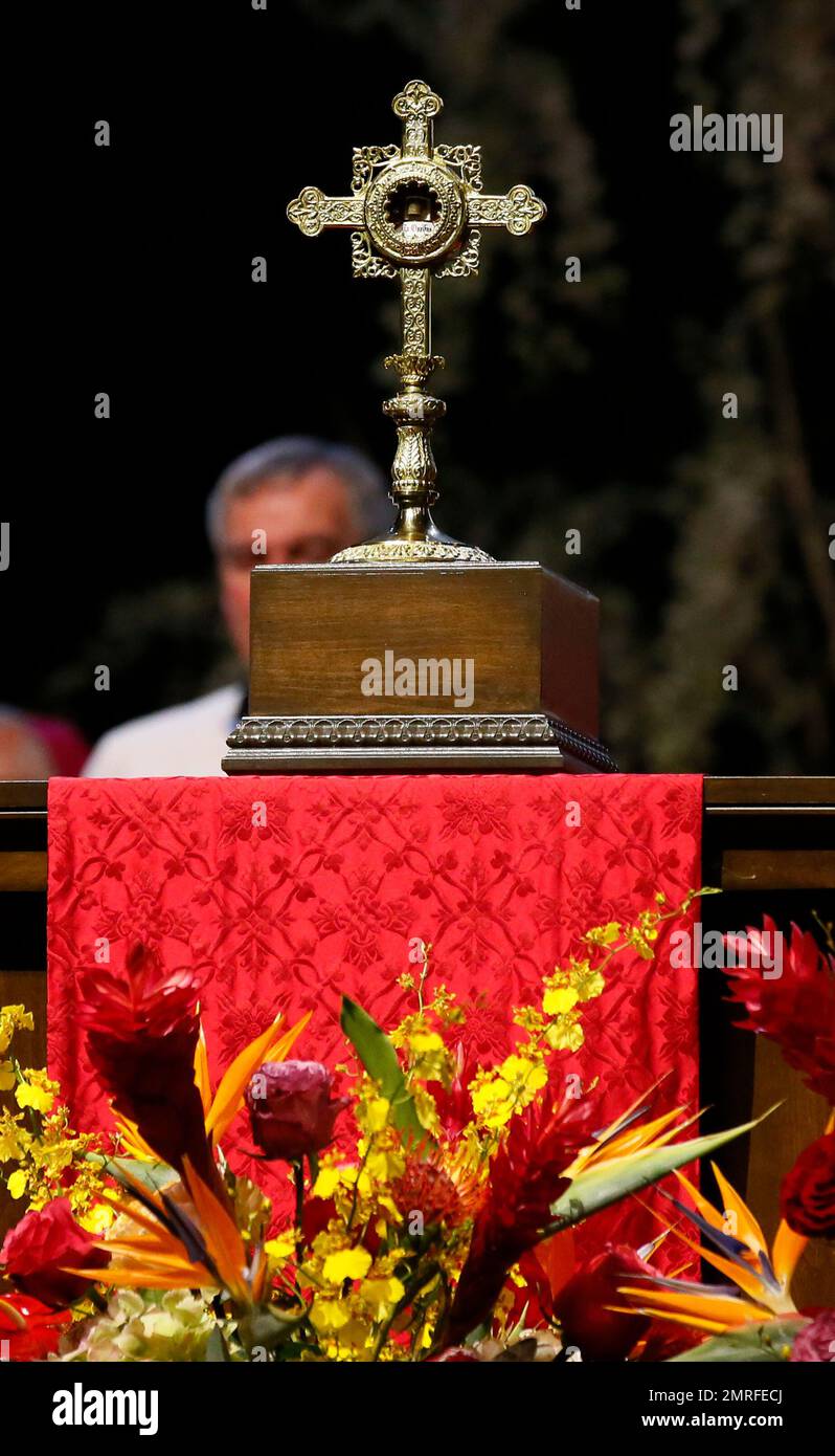 A cross containing of relic of Blessed Stanley Rother is pictured ...