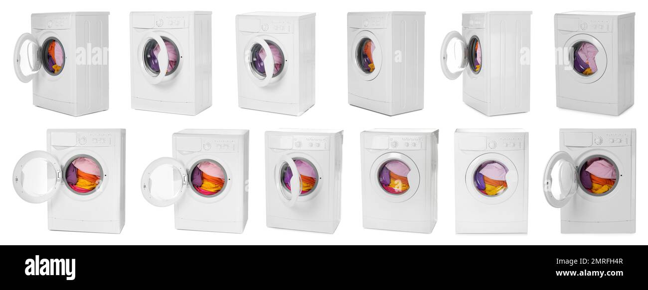 Set with modern washing machines on white background. Banner design ...