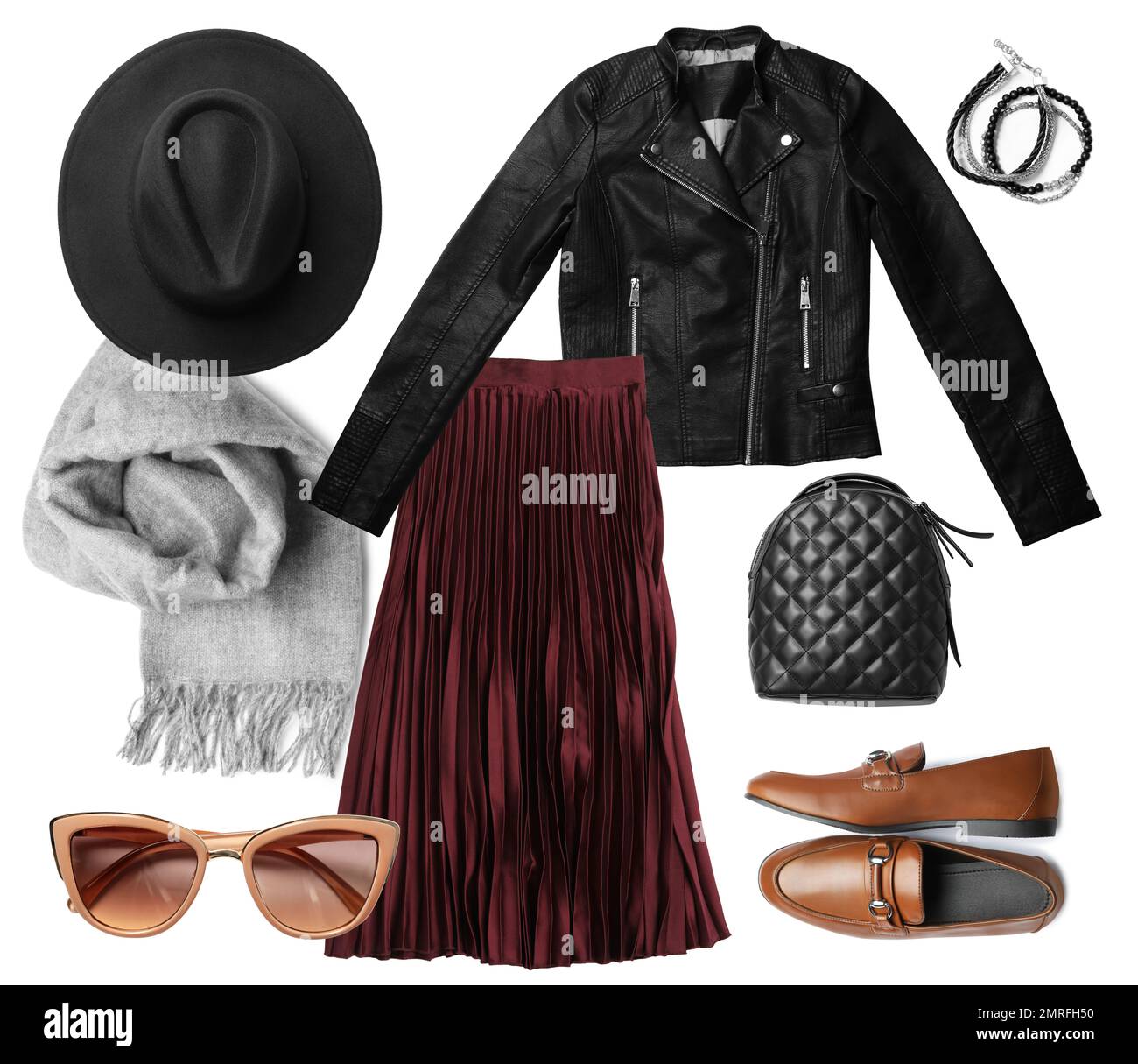 Stylish outfit with black leather jacket on white background Stock ...