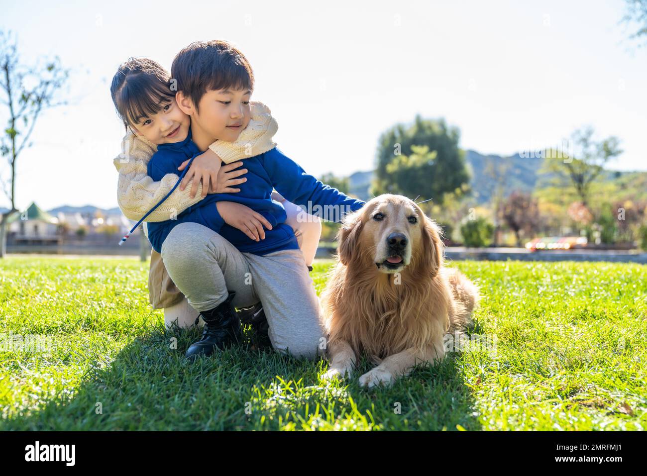 Brother and sister to play with the dog Stock Photo - Alamy