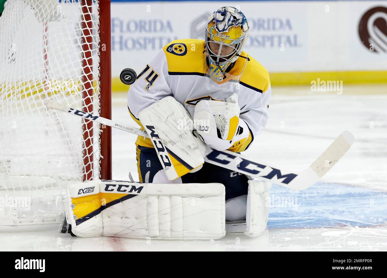 Nashville Predators goalie Juuse Saros (74) makes a save against the ...