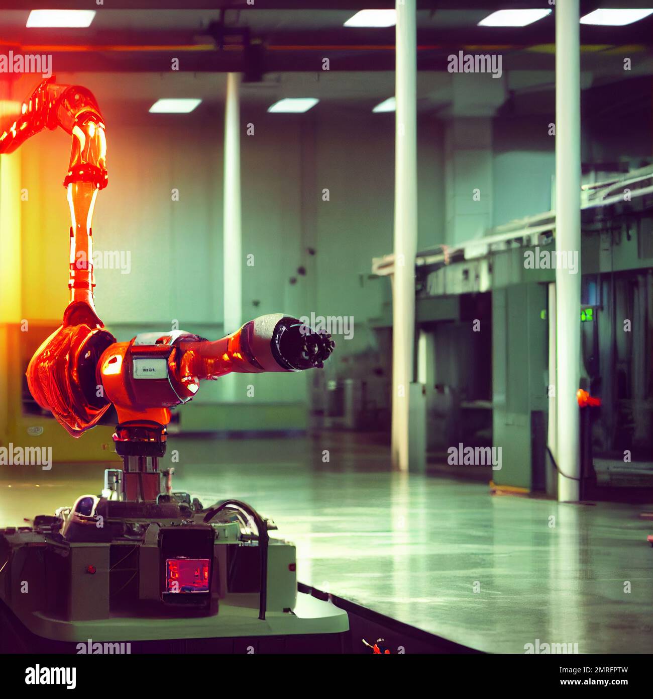 An AI generated illustration of an orange robot machine in a factory ...