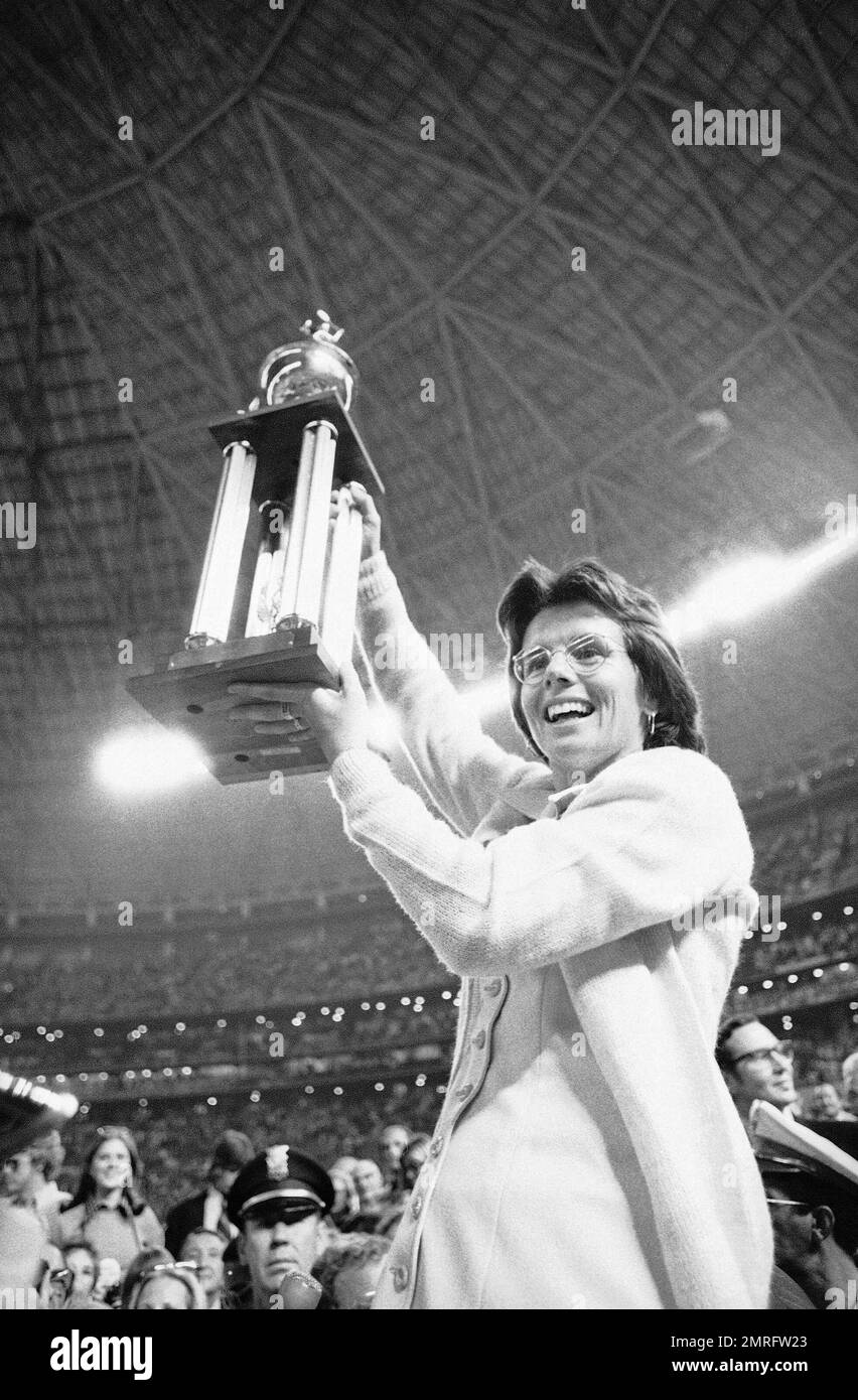 FILE - In this Sept. 20, 1973, file photo, Billie Jean King holds the ...