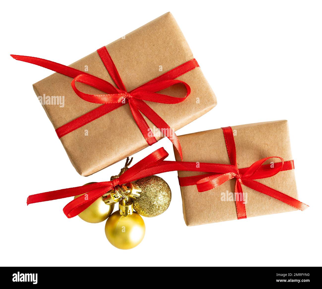 Two wrapped in rustic paper gift boxes with Christmas baubles on white ...
