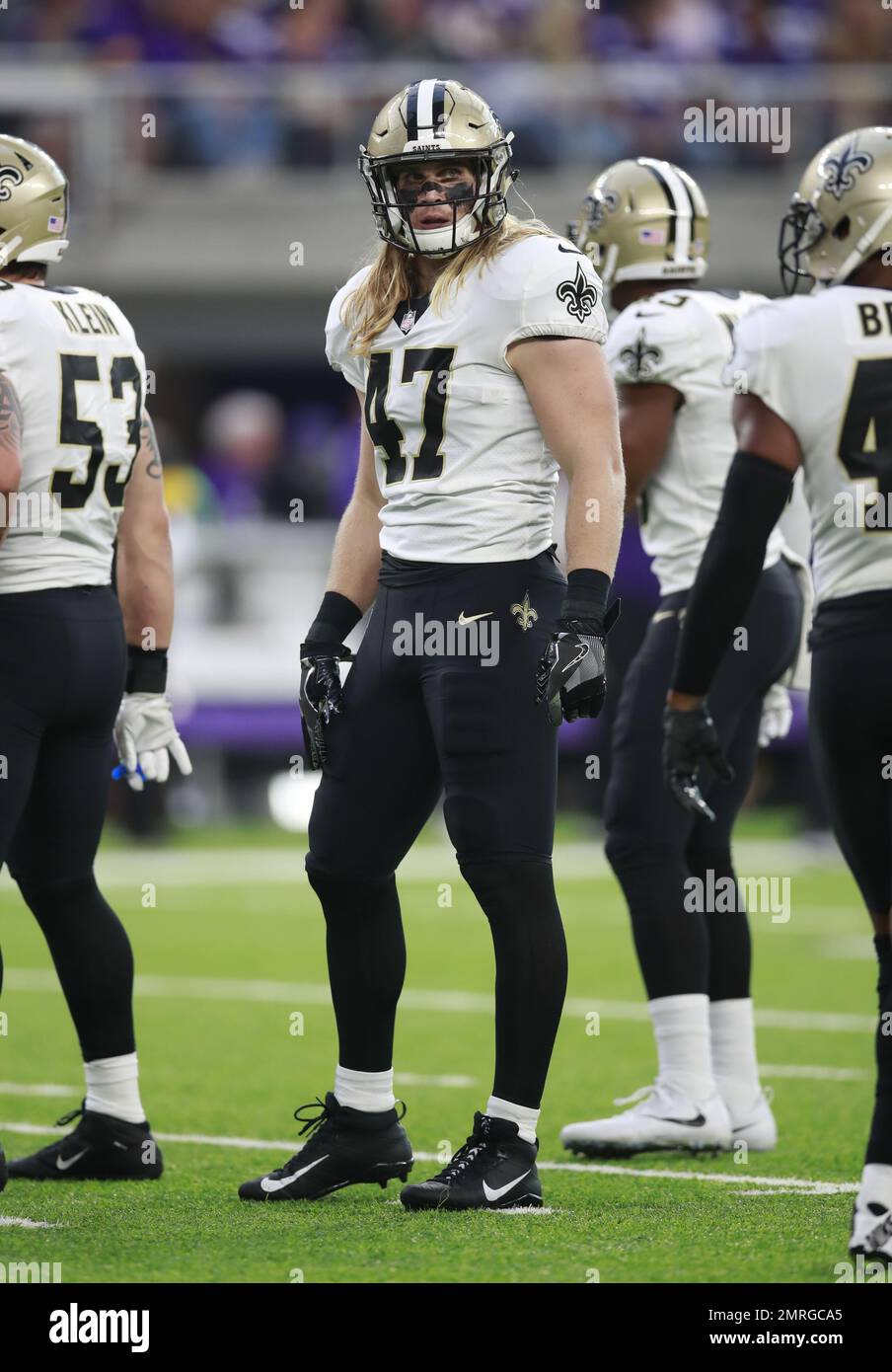 New Orleans Saints linebacker Alex Anzalone (47) lines up against the ...