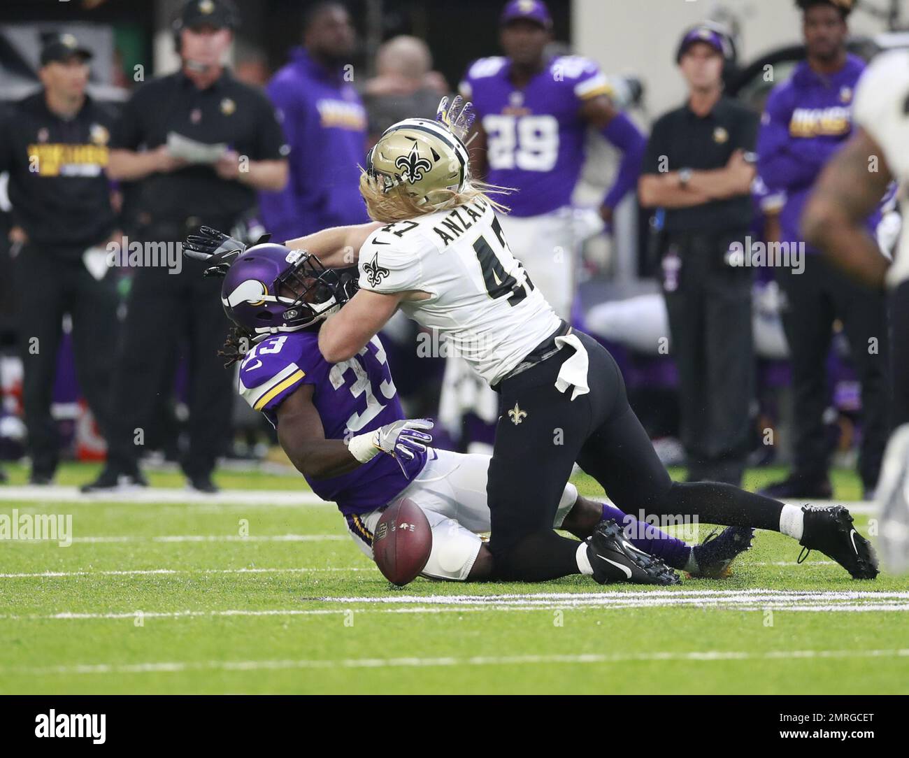 New Orleans Saints linebacker Alex Anzalone (47) tackles Minnesota ...